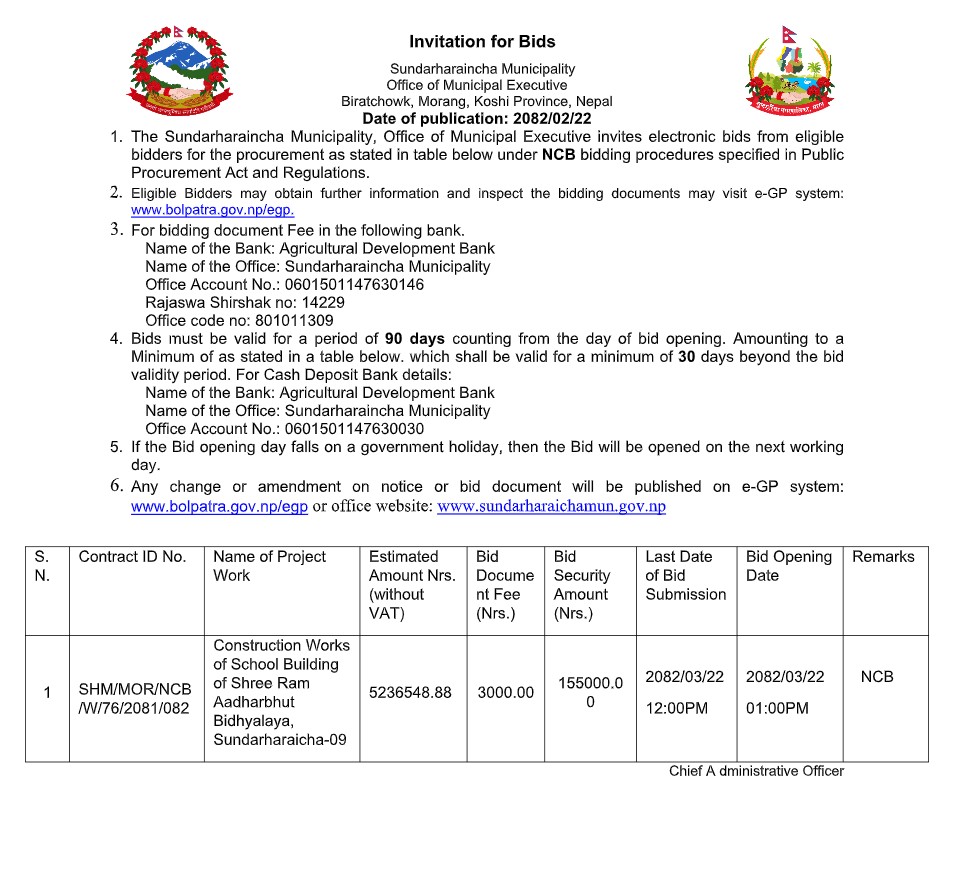 Invitation for Bids_ Construction works | सुन्दरहरैँचा नगरपालिका,नगर कार्यपालिकाको कार्यालय ...